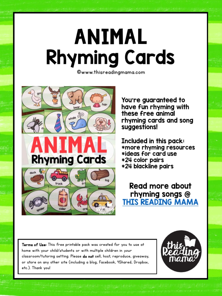 Animal Rhyming Cards: This Reading Mama | PDF