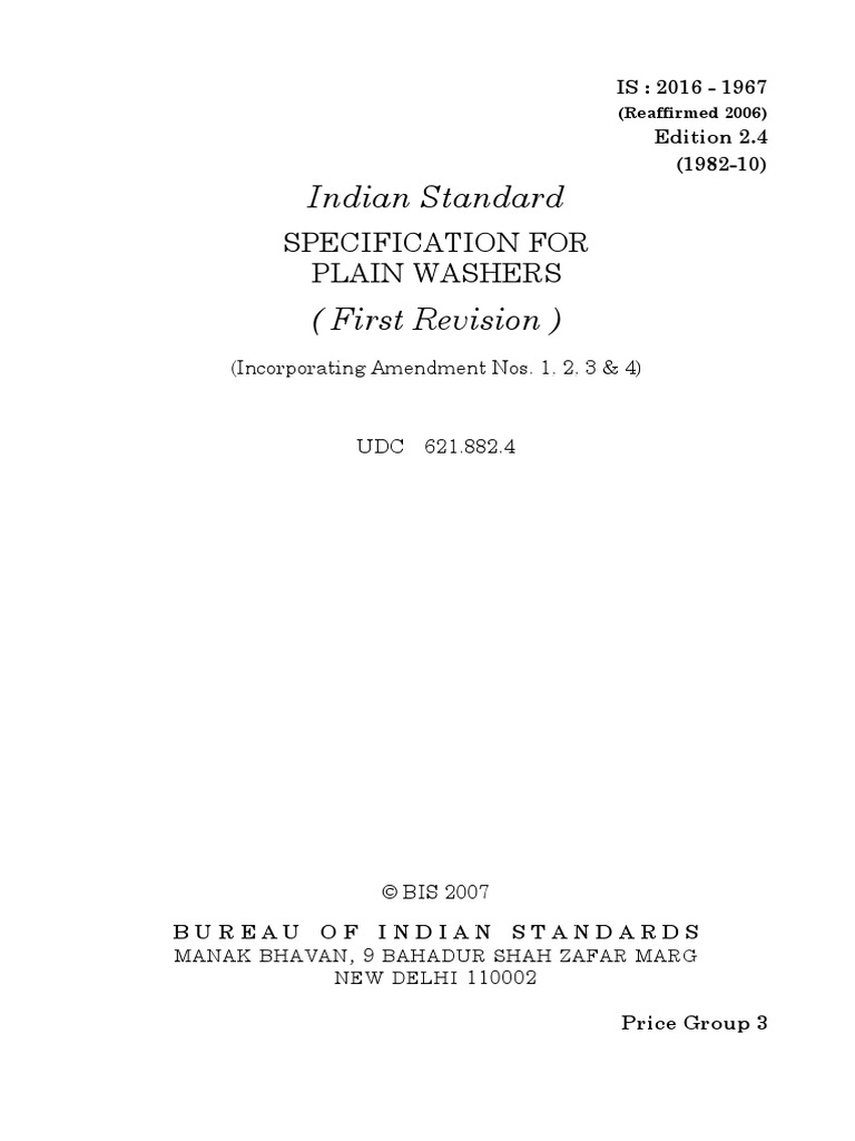 Indian Standard: Specification For Plain Washers | PDF | Screw | Washer ...
