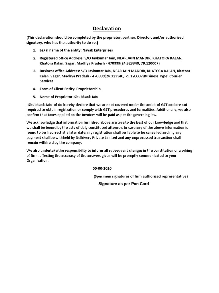 GST Declaration Form | PDF | Finance & Money Management | Law