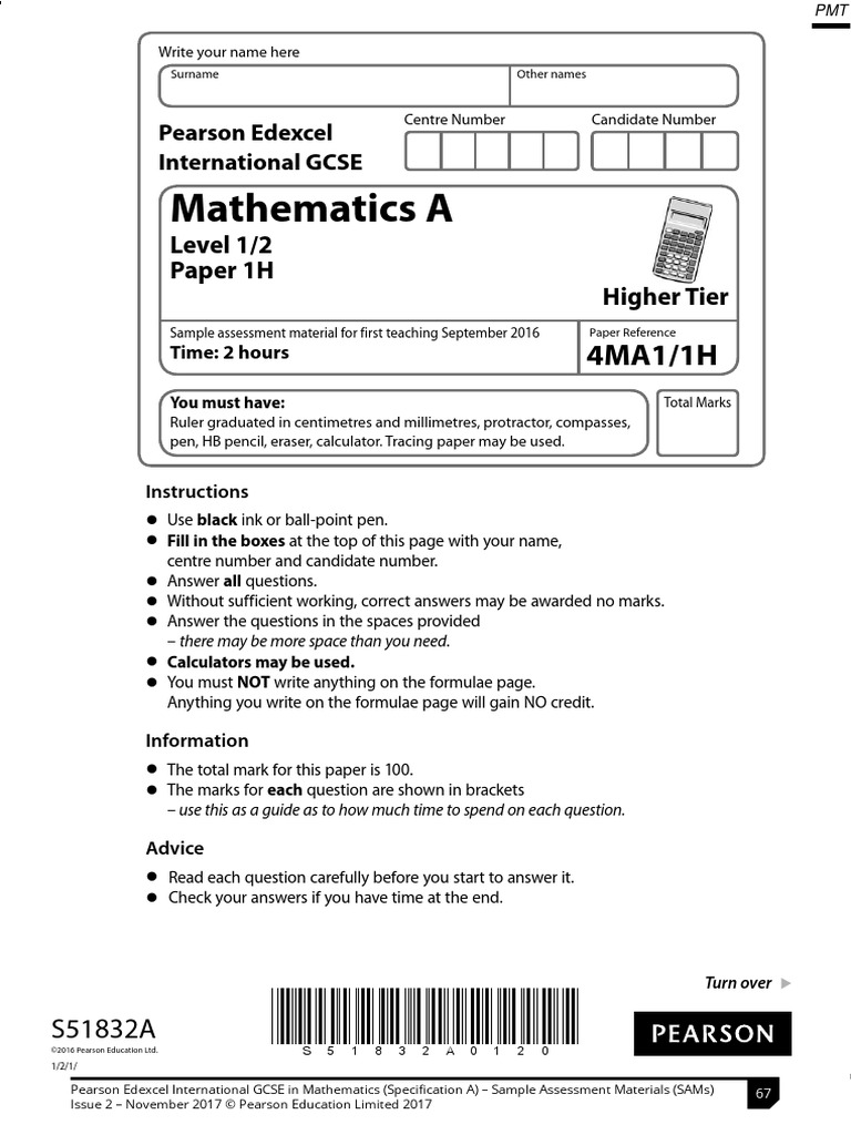 Specimen QP - Paper 1H Edexcel Maths (A) IGCSE | PDF | Educational ...