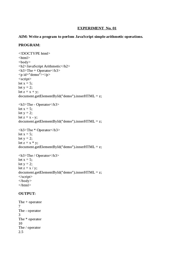 Experiment No 01 Aim Write A Program To Perfom Javascript Simple Arithmetic Operations
