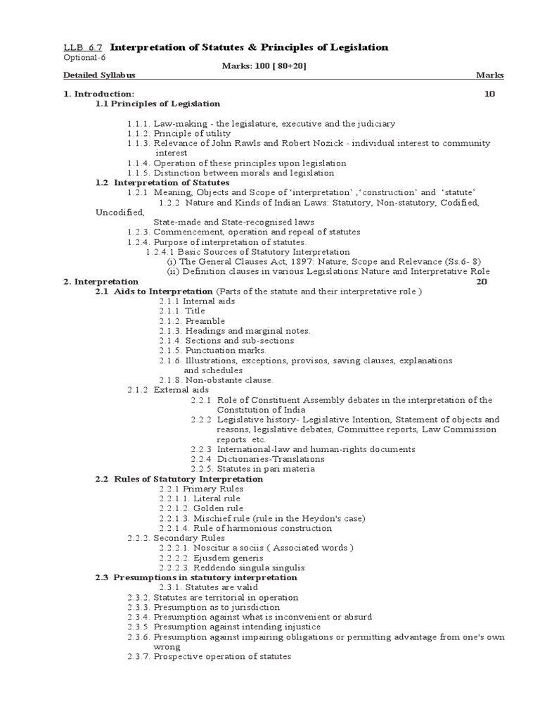 Interpretation of Statutes & Principles of Legislation: Marks: 100 (80 ...