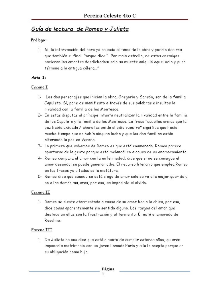 Guía de Lectura de Romeo y Julieta | PDF | Romeo y Julieta | Amor