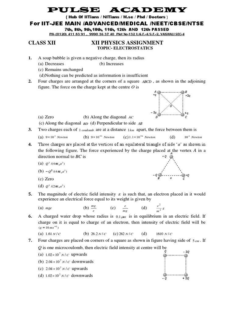 Physics Assignment for Class XII | PDF | Dielectric | Chemistry