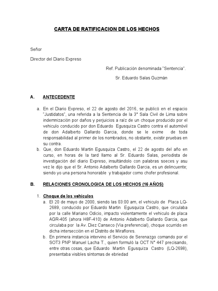 Carta de Ratificacion de Los Hechos | PDF | Sentencia (ley) | Demanda judicial