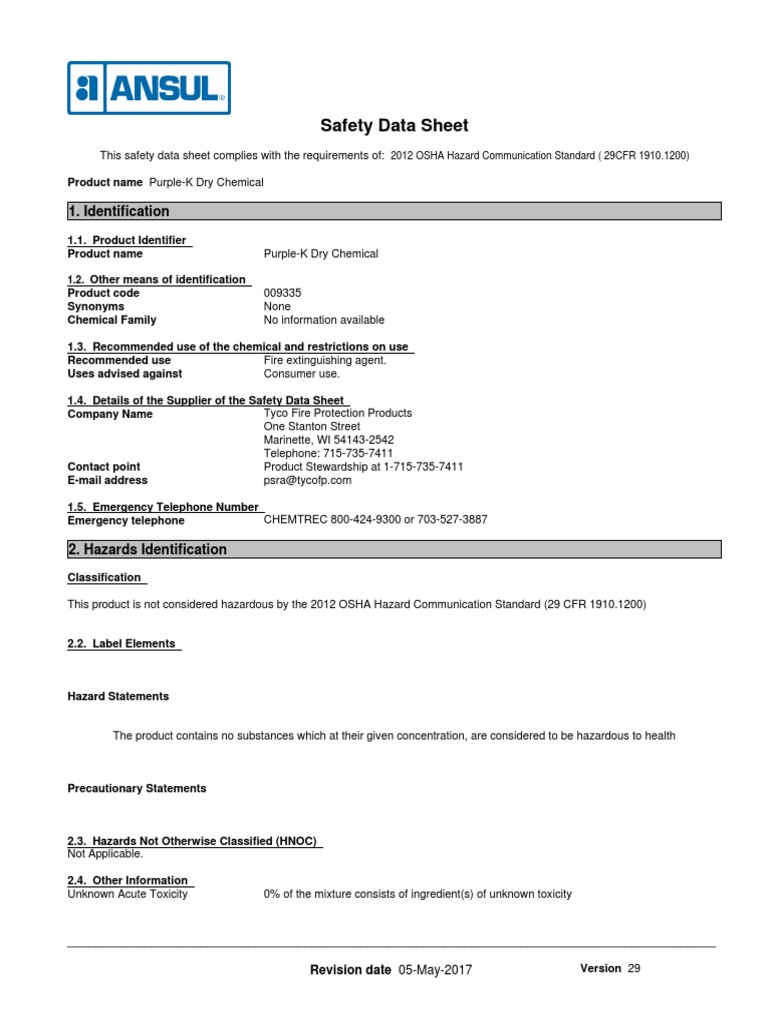 MSDS Purple K Dry Chemical | PDF | Superfund | Toxicity