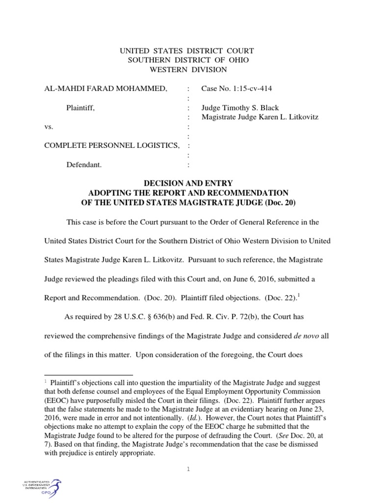 Decision and Entry Adopting The Report and Recommendation of The United ...