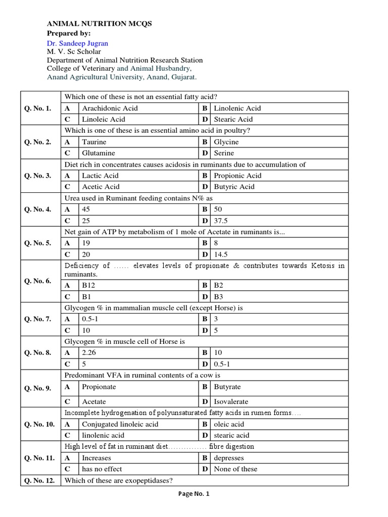 Animal Nutrition MCQs | PDF | Ruminant | Chemical Substances
