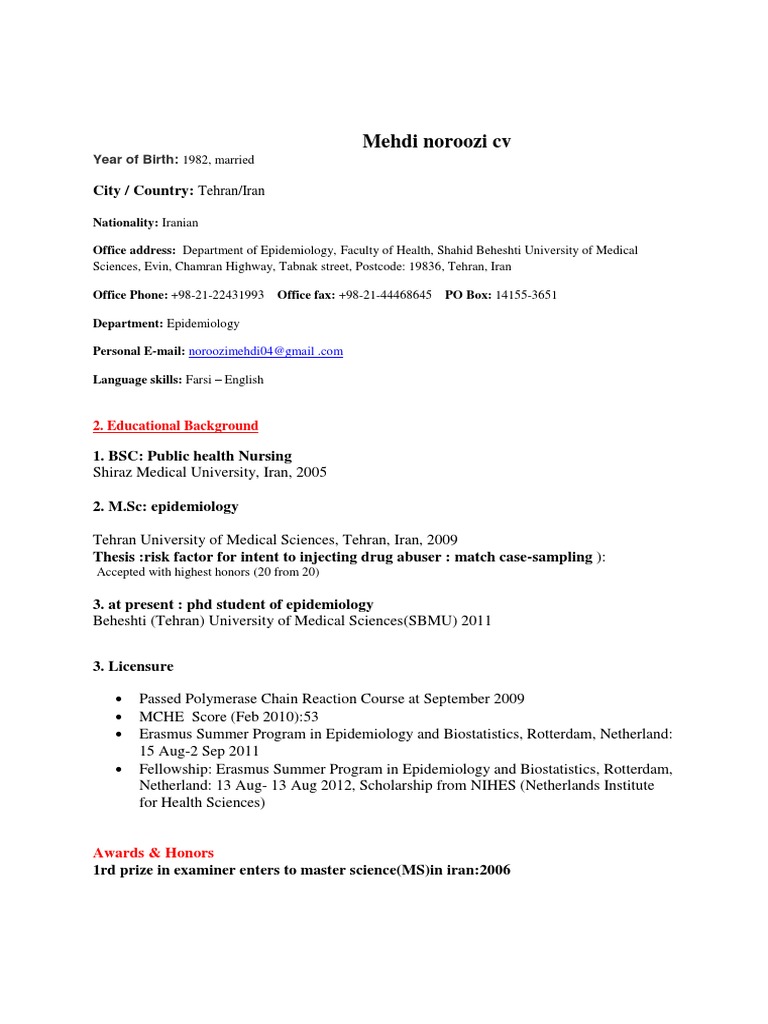 Mehdi Noroozi CV Final) 23102 | PDF | Medicine | Epidemiology