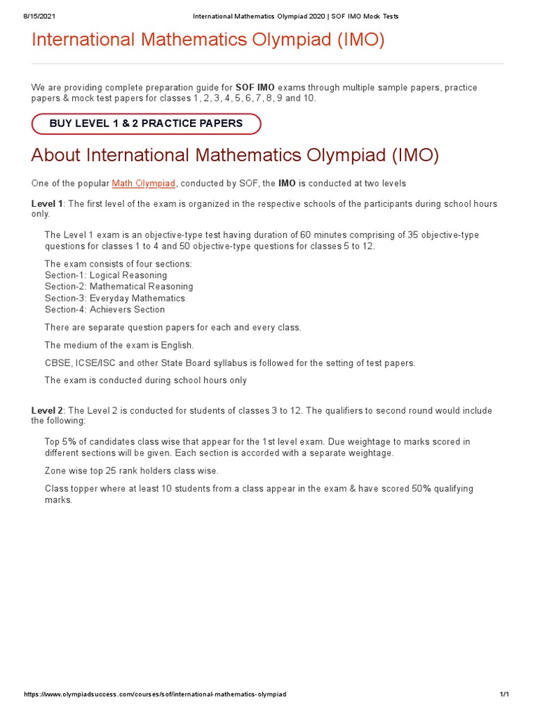 International Mathematics Olympiad 2020 - SOF IMO Mock Tests | PDF