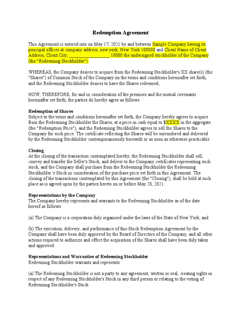 Redemption Agreement | PDF | Stocks | Government