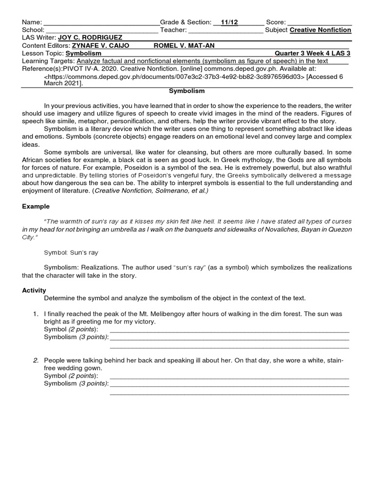Grade 12-Creative Nonfiction Week 4 Las 3 | PDF | Symbols | Writers