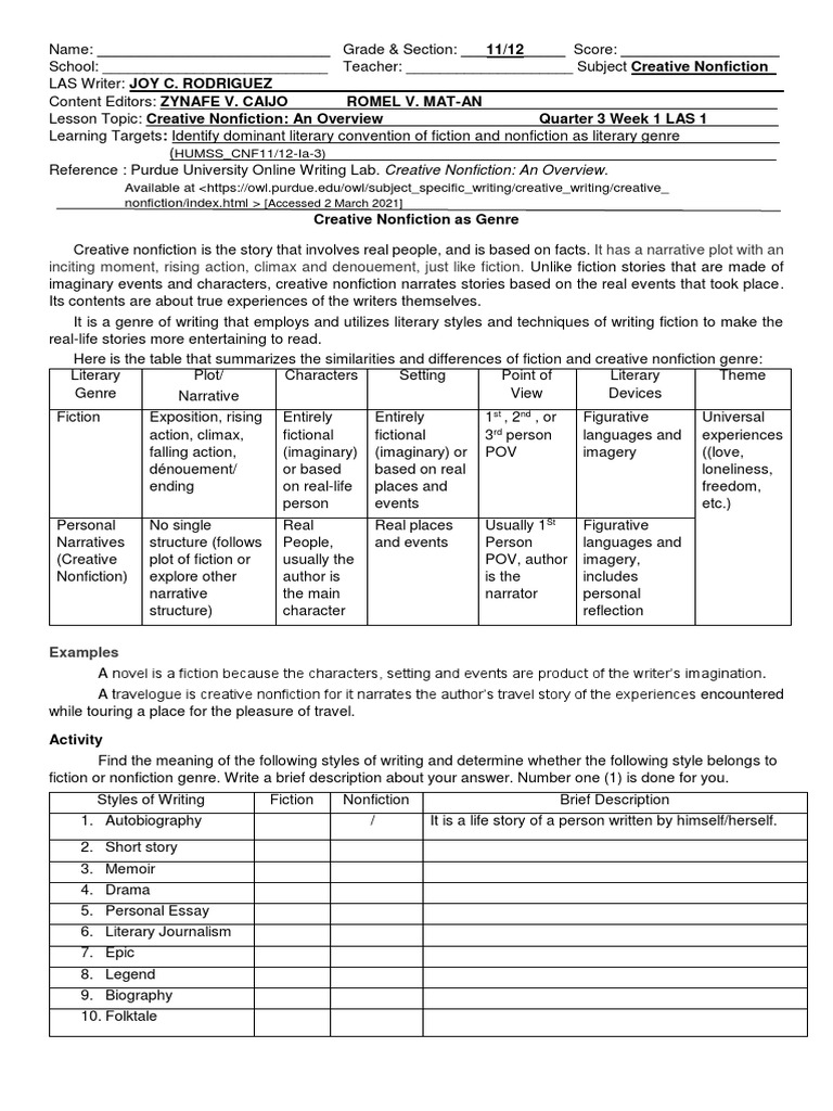 Grade 12-Creative Nonfiction Week 1 Las 1 | PDF | Creative Nonfiction ...