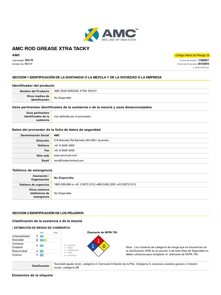 Amc Msds - Rod Grease Xtra Tacky | PDF | Agua | Hidrocarburos