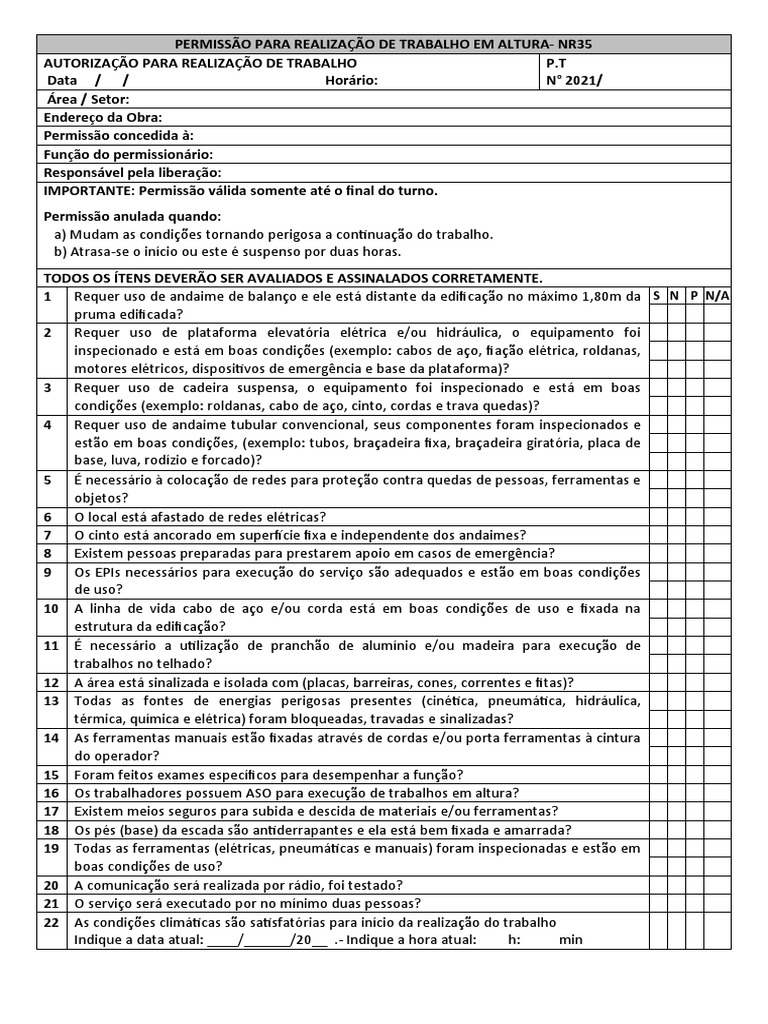 MODELO Permissão de Trabalho em Altura | PDF