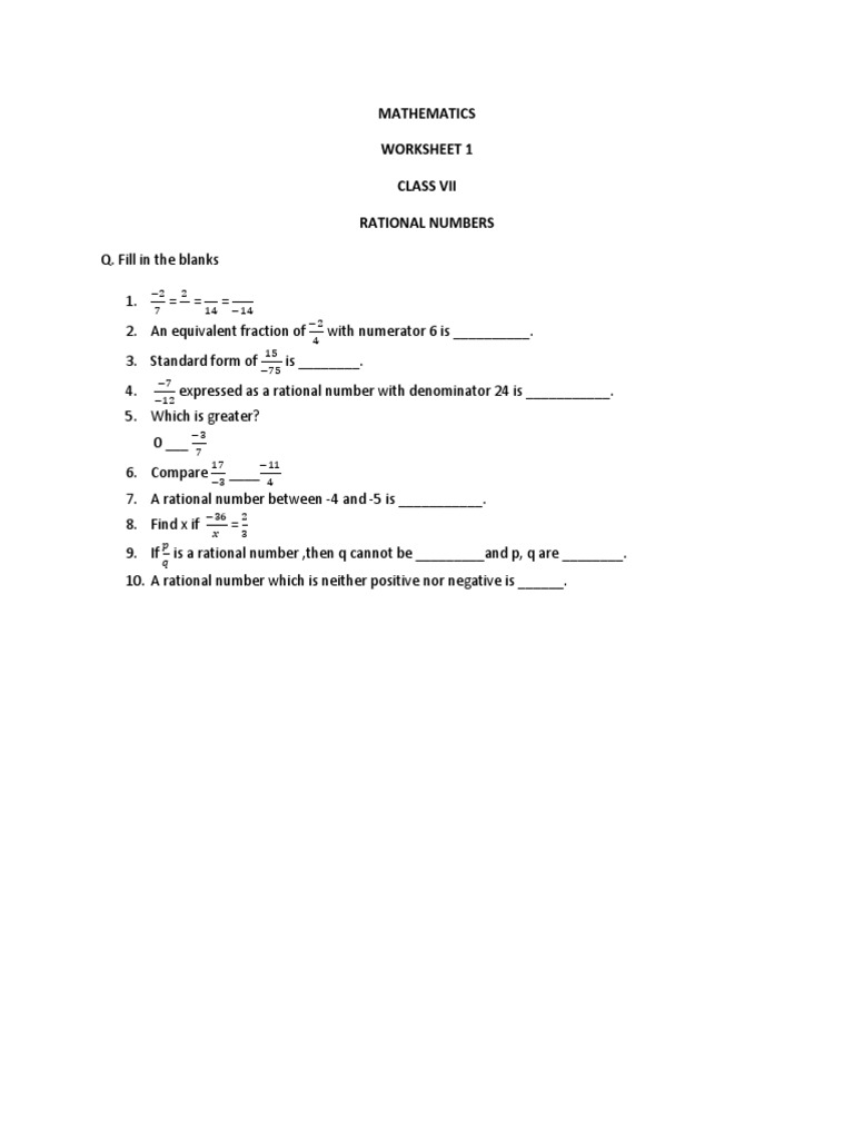 Class VII Rational Numbers Worksheet | PDF