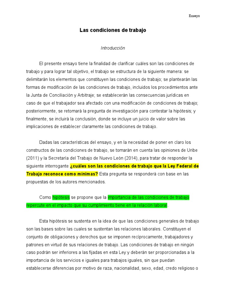 Ensayo (Condiciones de Trabajo) | PDF | Salario | Derecho laboral
