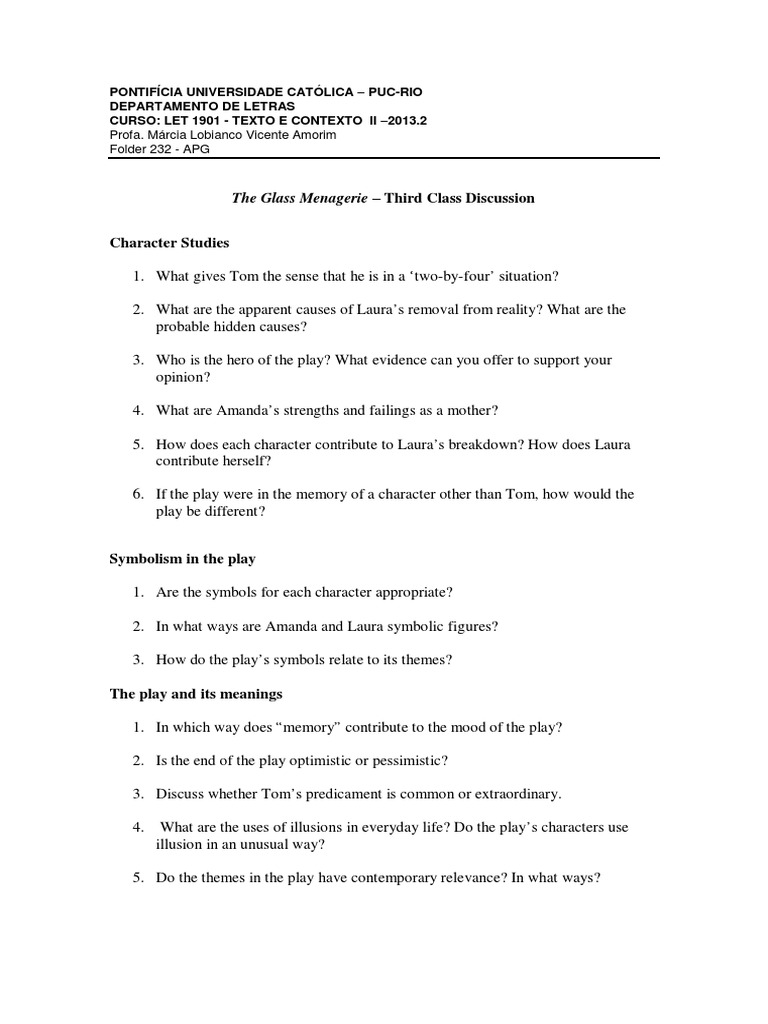 The Glass Menagerie - 3rd Class Discussion | PDF