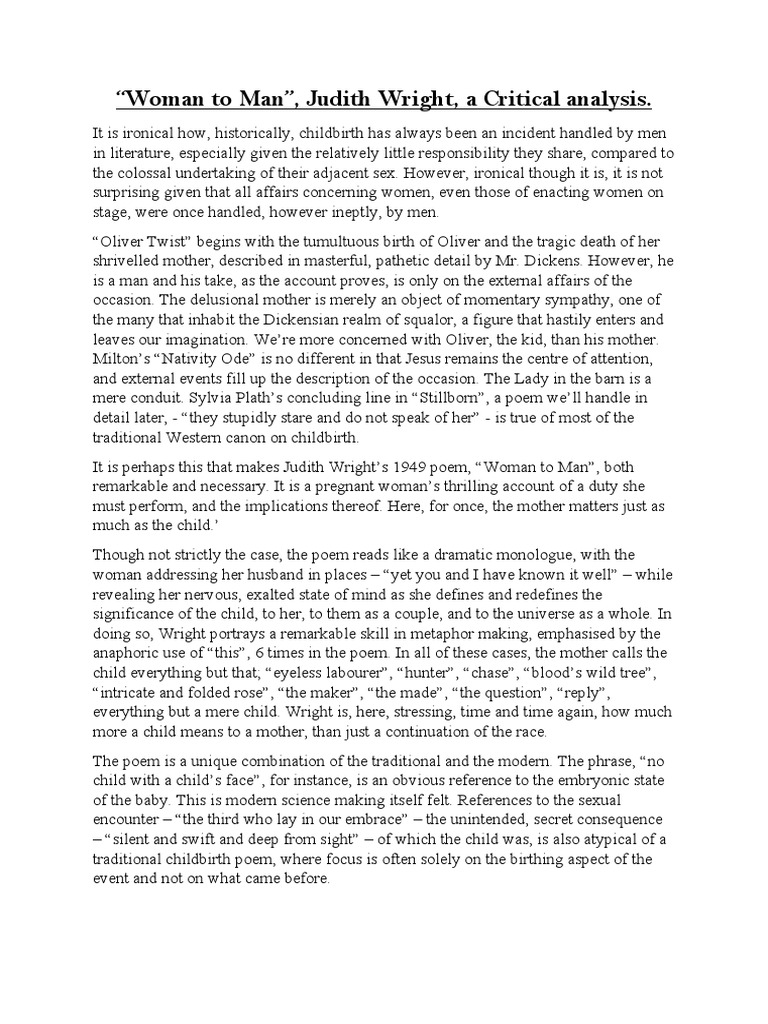 Woman To Man Judith Wright Umesh Sir Assignment | PDF | Poetry | Cain ...