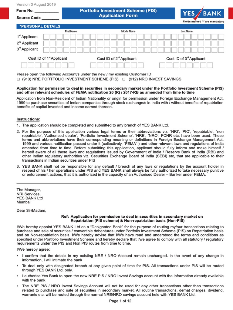 Portfolio Investment Scheme (PIS) Application Form: Personal Details ...