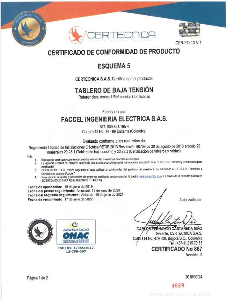 Certificado de Tableros de Baja Tensin CERTECNICA | PDF