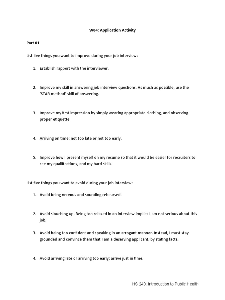 hs240 - Document - W04 - Application Activity | PDF | Job Interview | Conversation