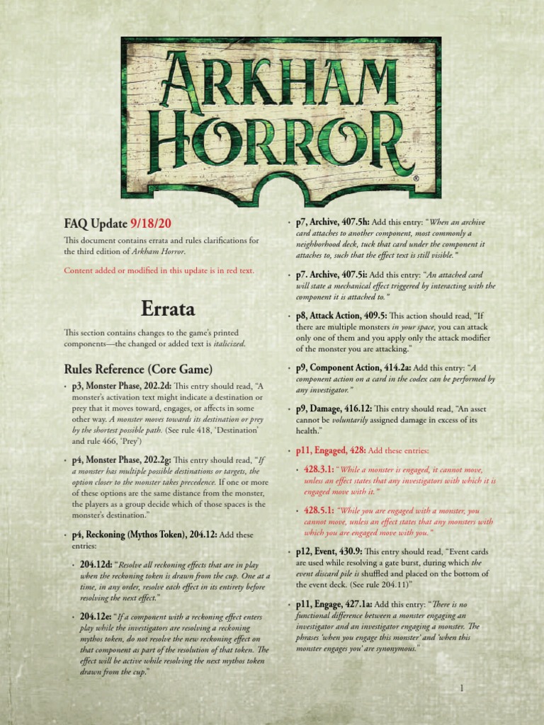 FAQ Update 9/18/20: A Comprehensive Collection of Rules Clarifications and Errata for Arkham ...