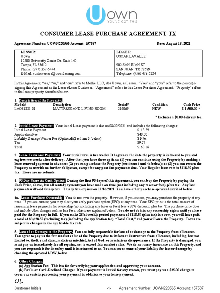 Consumer Lease-Purchase Agreement-Tx: Description of The Property | PDF ...