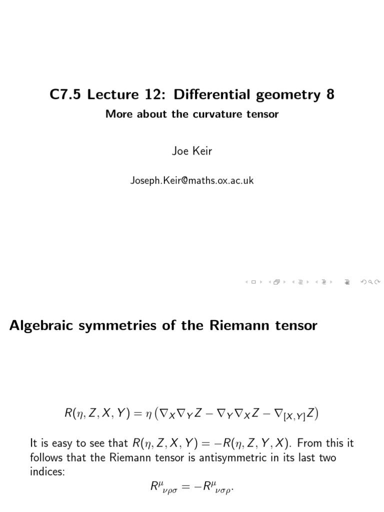 C7.5 Lecture 12: Differential Geometry 8: More About The Curvature Tensor | PDF | Tensor | Algebra