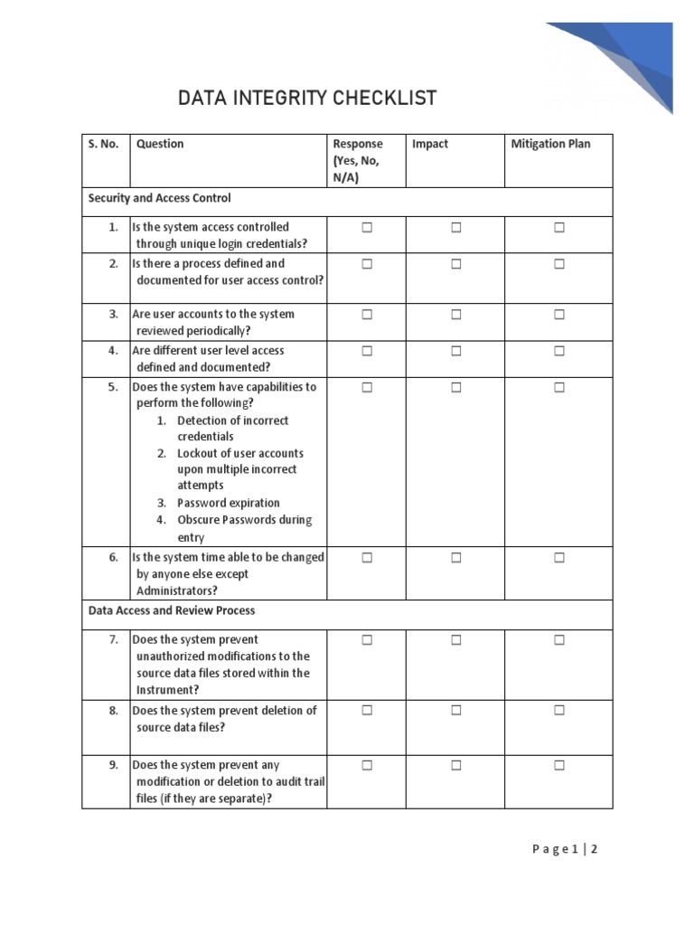 Data Integrity Checklist: S. No. Question Response (Yes, No, N/A) Impact Mitigation Plan ...