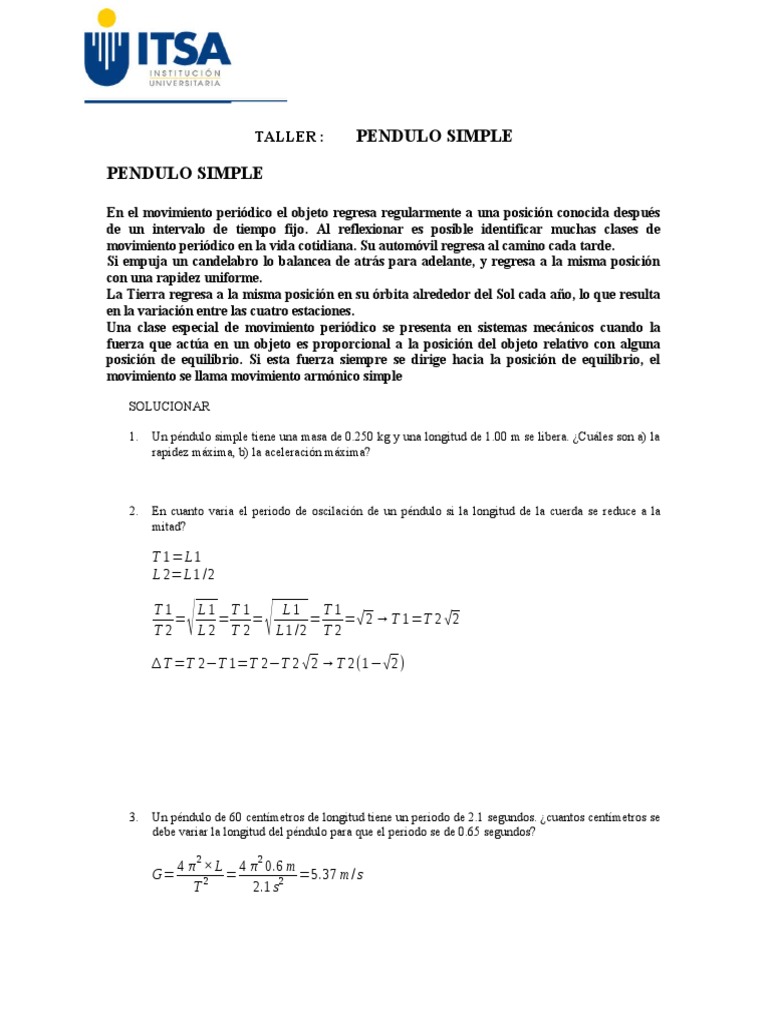 Taller Pendulo Simple | PDF | Péndulo | Mecanica clasica