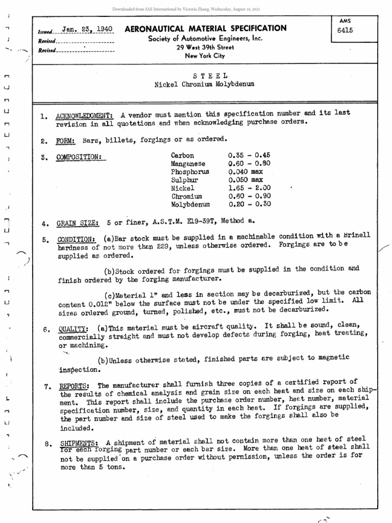 AMS 6415 Steel Bars Forgings and Tubing SAE 4340 | PDF | Steel | Forging