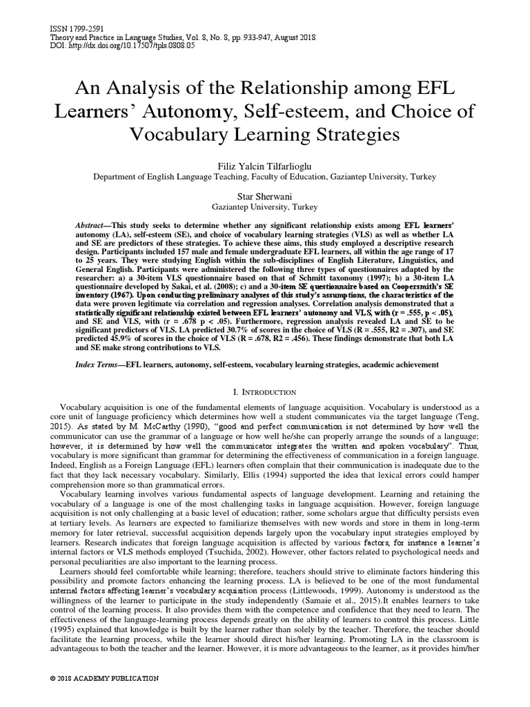 An Analysis of The Relationship Among EFL Learners' Autonomy, Self-Esteem, and Choice of ...