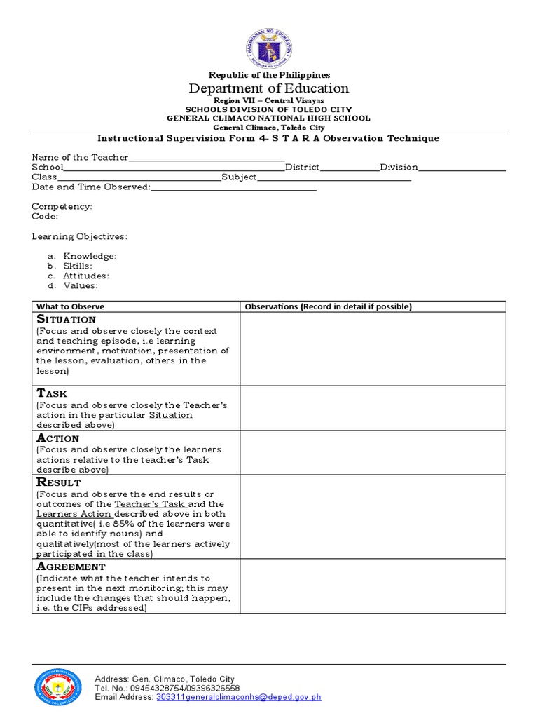 STAR Observation Form for Teachers | PDF | Teachers | Learning