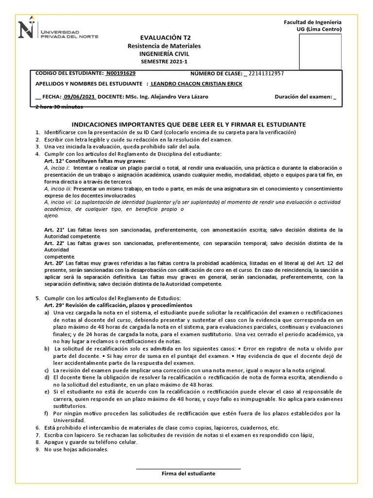 T2 - Resistencia de Materiales1 - Leandro Chacon Cristian | PDF | Prueba (evaluación)
