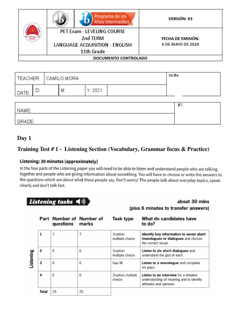 Pet Exam - Leveling Course 2nd TERM Language Acquisition - English 11th ...