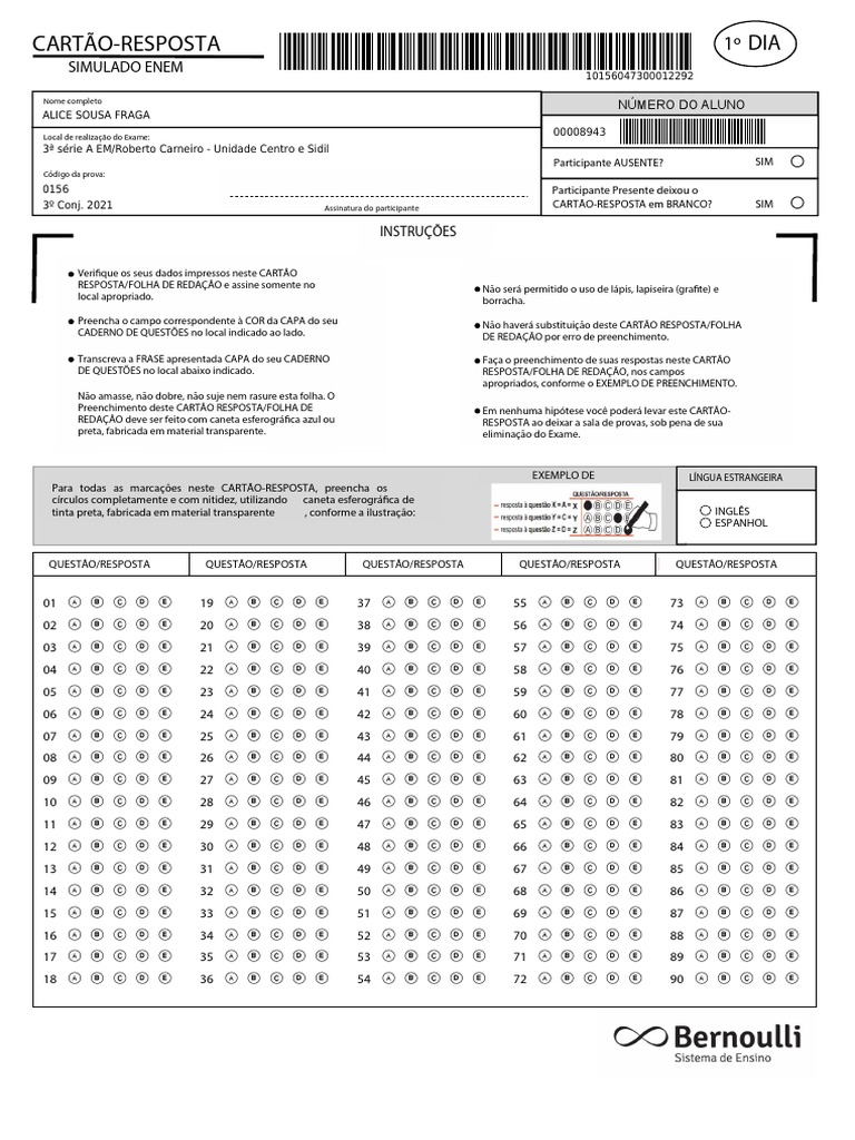 Cartão-resposta de simulado do ENEM contendo instruções para ...