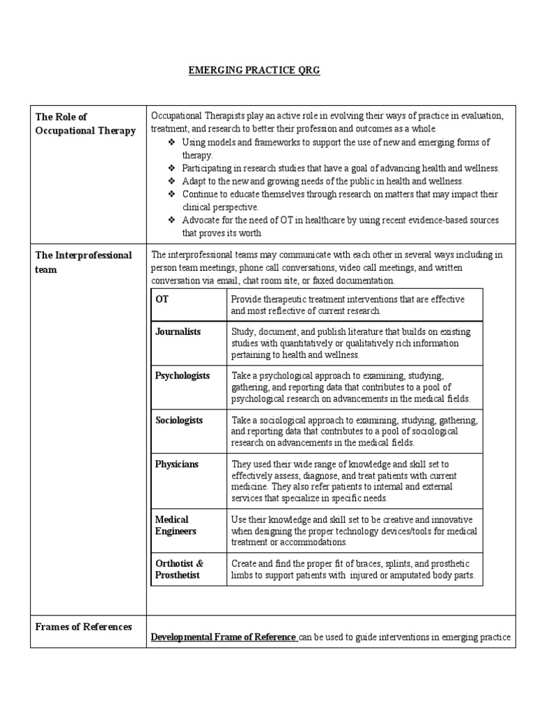 OT in Emerging Practices Quick Reference Guide | PDF | Occupational ...