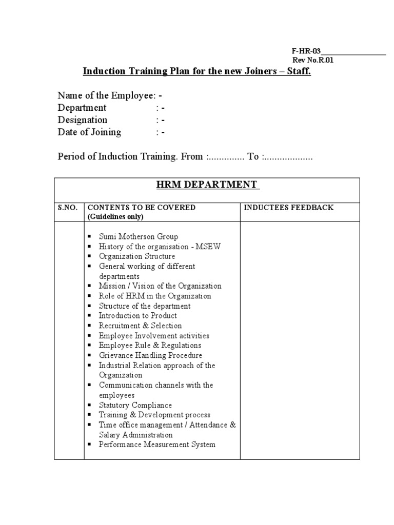 A Comprehensive Induction Training Plan for New Employees Covering All ...