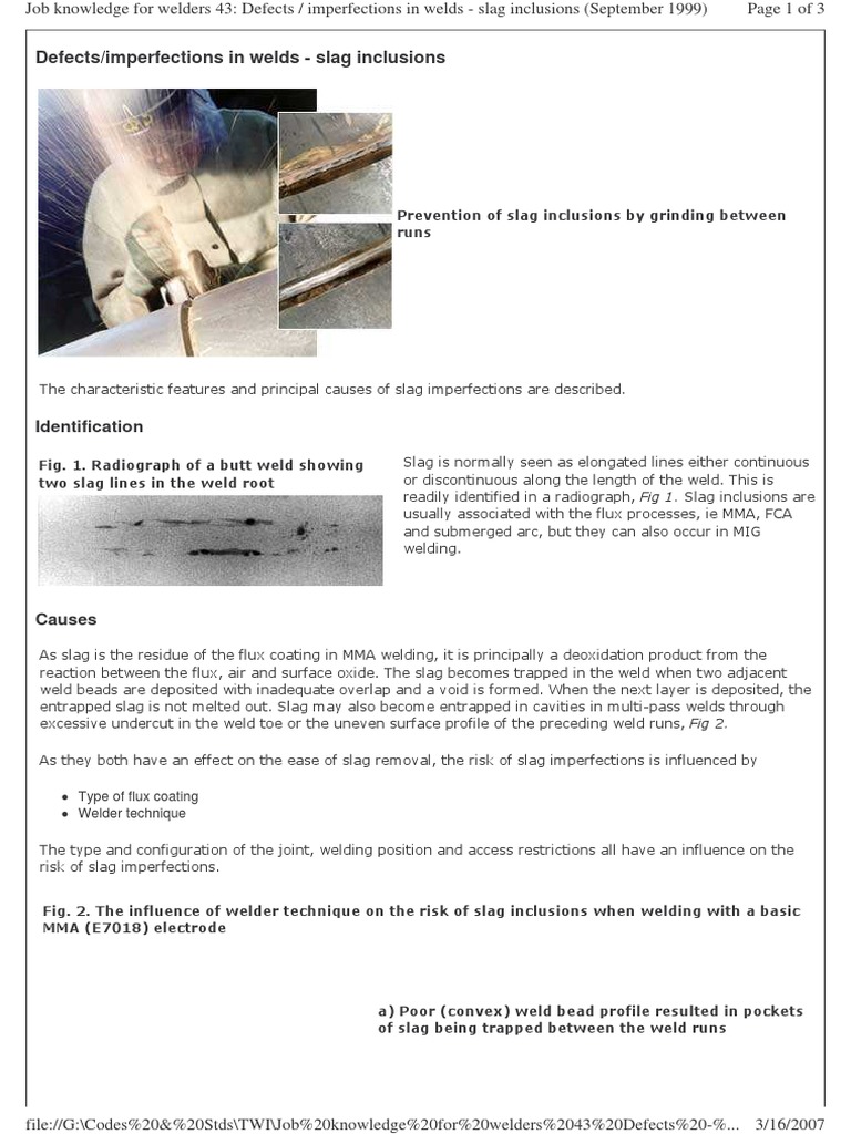 Defects/imperfections in Welds - Slag Inclusions ...