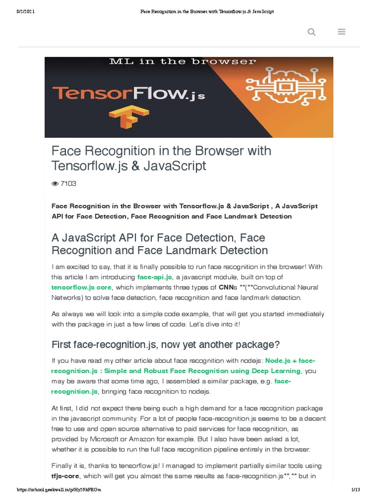 Face Recognition In The Browser With Tensorflow Js And Javascript Pdf Java Script Computing