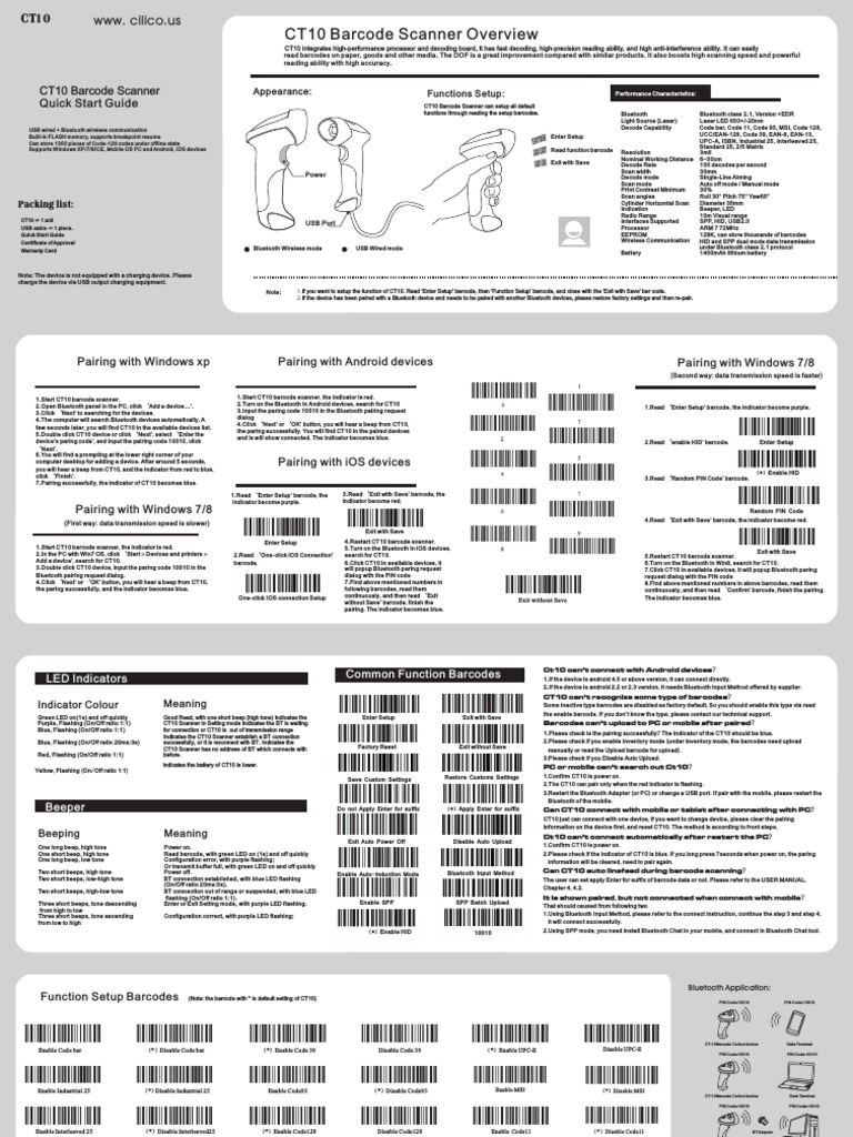 CT10 Barcode Scanner Overview: WWW - Cilico.us | PDF | Bluetooth | Barcode