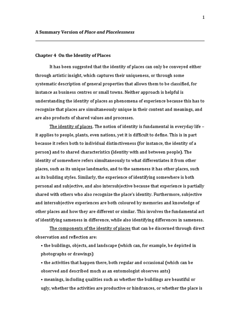 A Summary Version of Place and Placelessness | PDF | Identity (Social ...