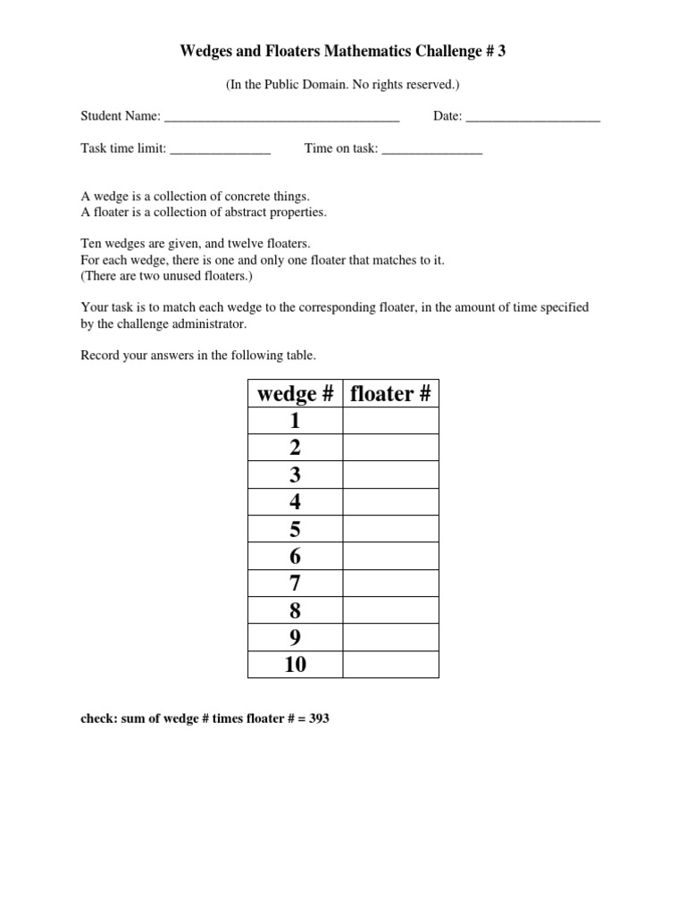 Wedges and Floaters Mathematics Challenge # 3 | PDF | Mathematics ...