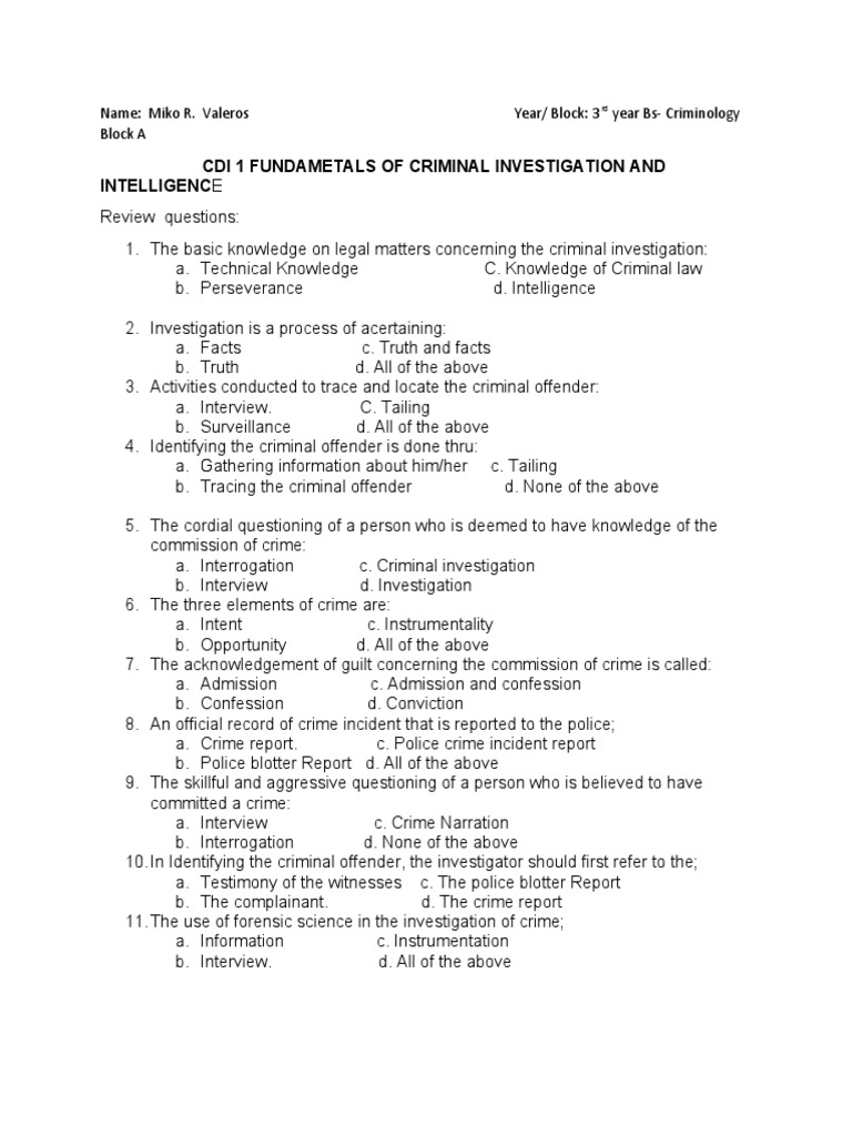 CDI 1 Review Questions | PDF | Forensic Science | Crimes
