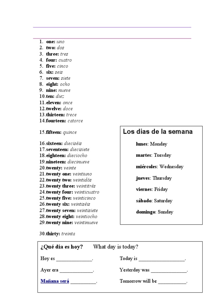 Numbers and Days in English and Spanish | PDF | Lifestyle