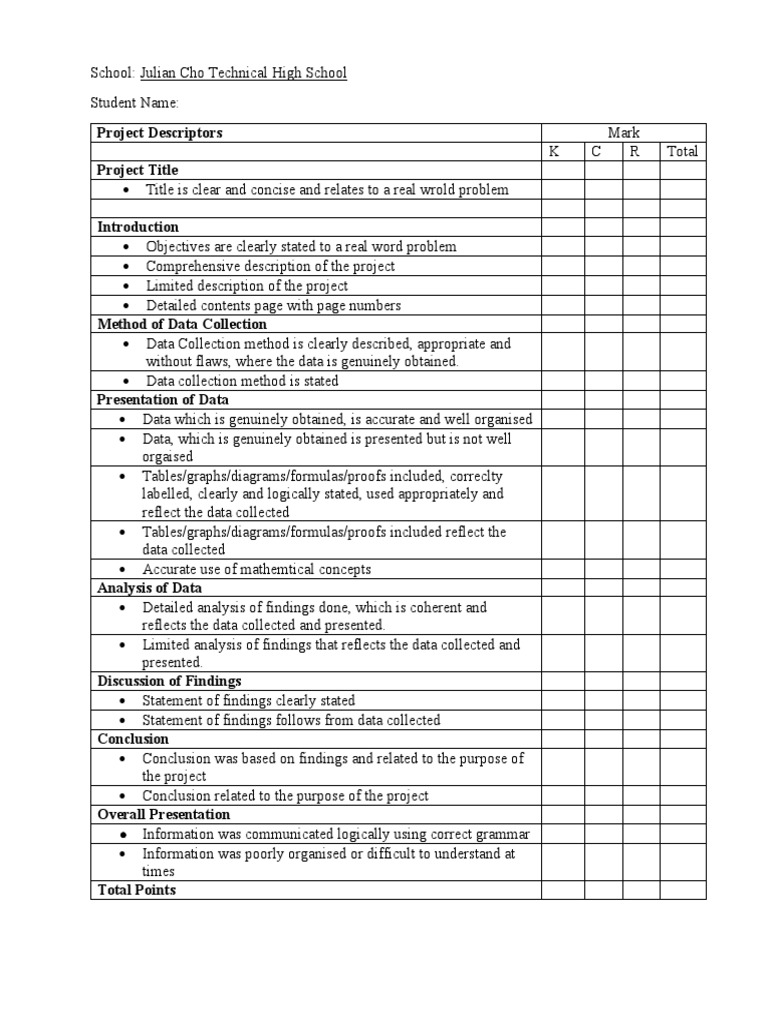 JCTHS Student Project Evaluation | PDF