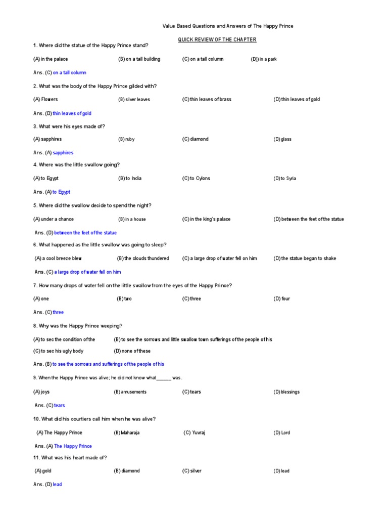 Value Based Questions and Answers of The Happy Prince | PDF | The Happy ...