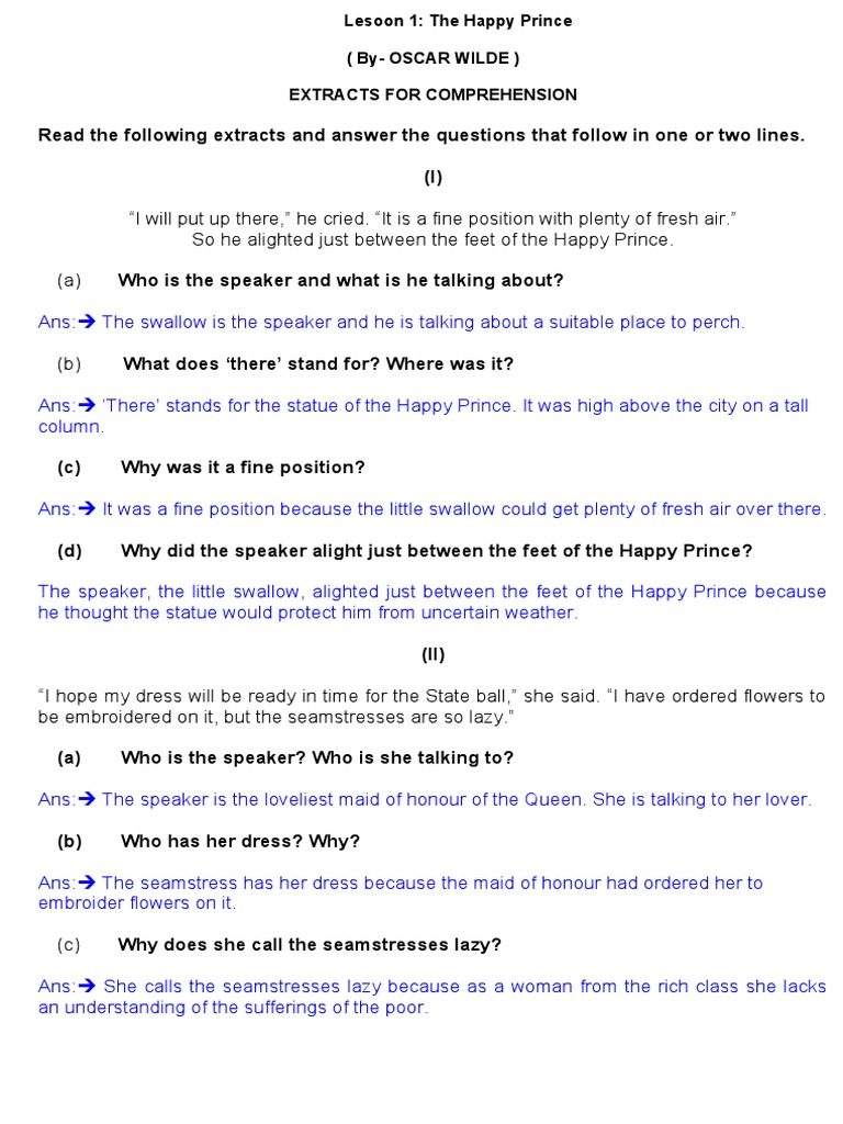 Lesson 1 Happy Prince Class 7 | PDF | The Happy Prince And Other Tales