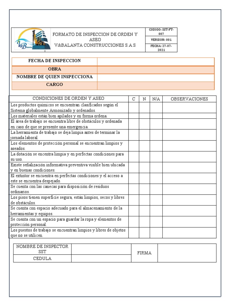 Formato de Inspeccion de Orden y Aseo | PDF Formato de Inspeccion de Orden y Aseo | PDF